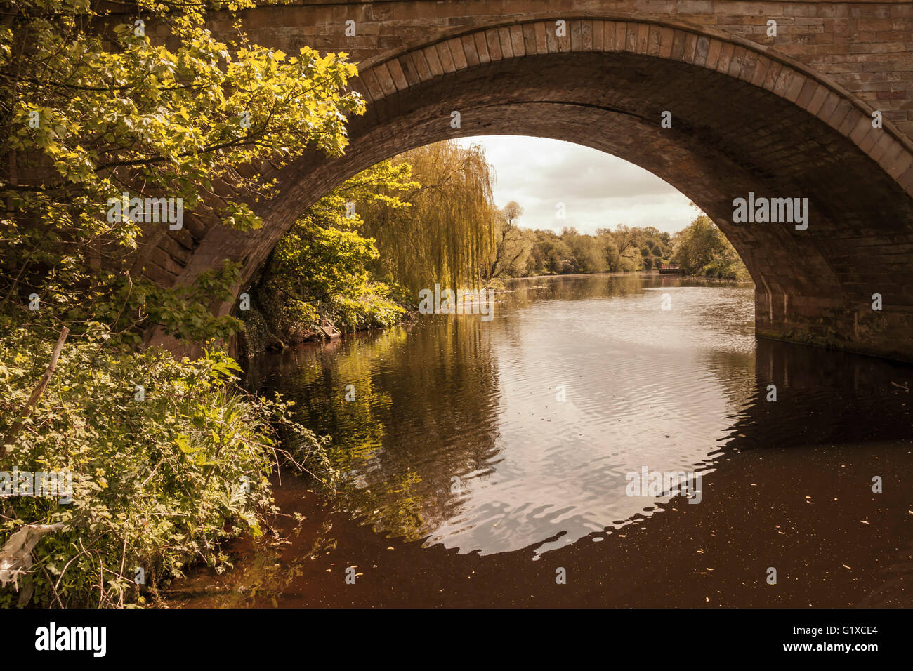A scenic view of the River Tees at Yarm showing the arch of the bridge ...