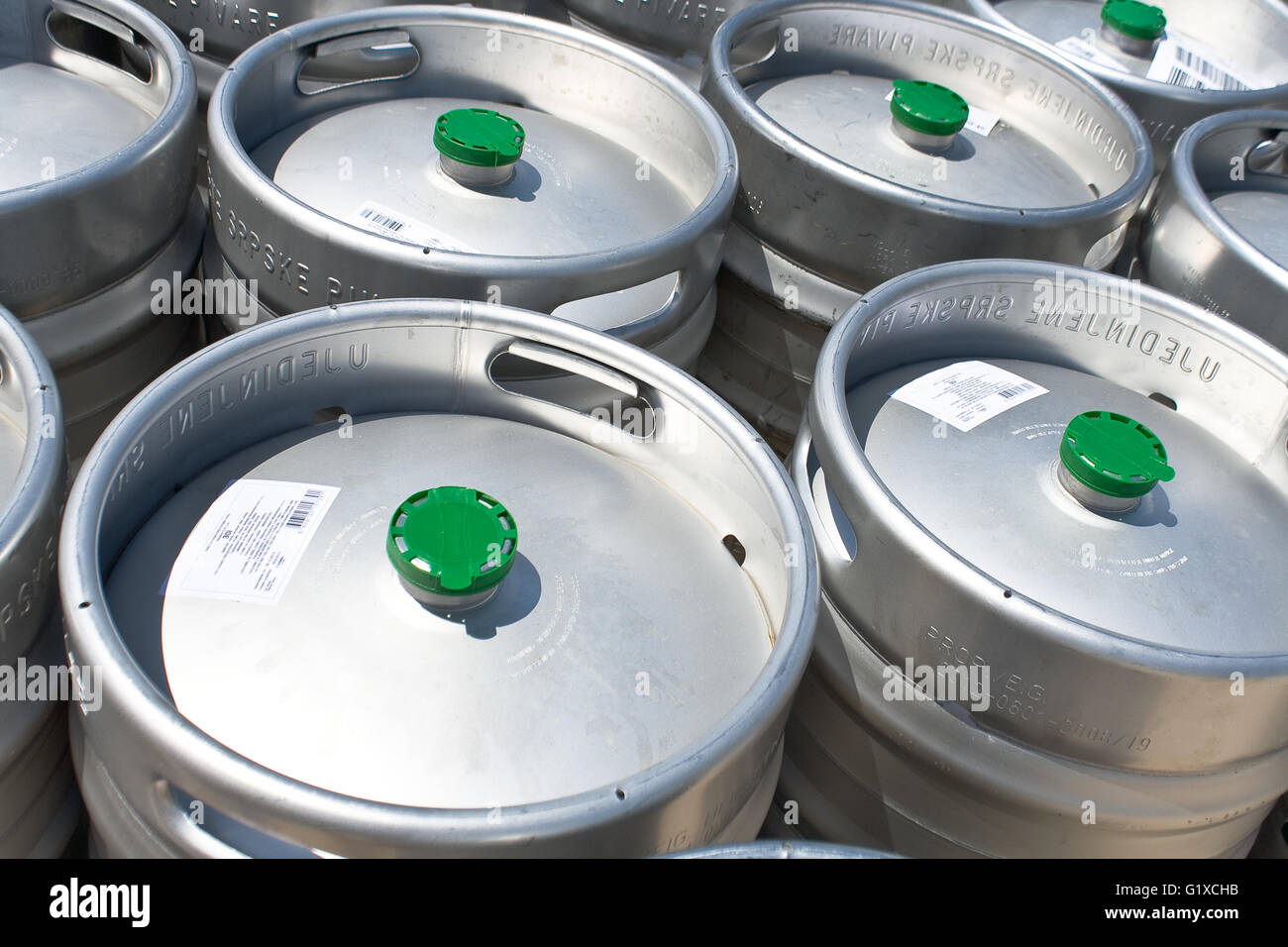 Metal beer barrels as background Stock Photo - Alamy