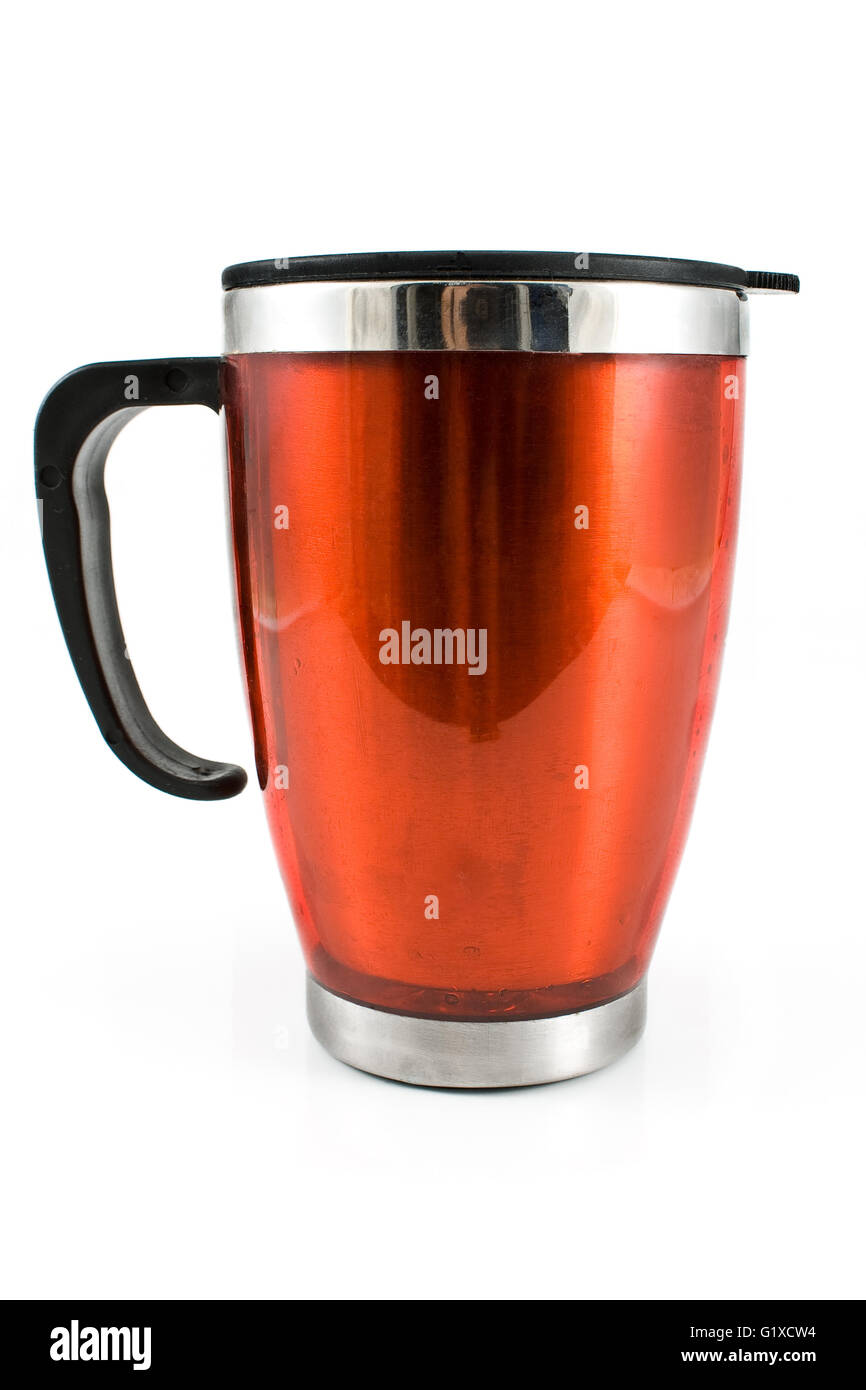 Red thermos for coffee isolated on white Stock Photo - Alamy