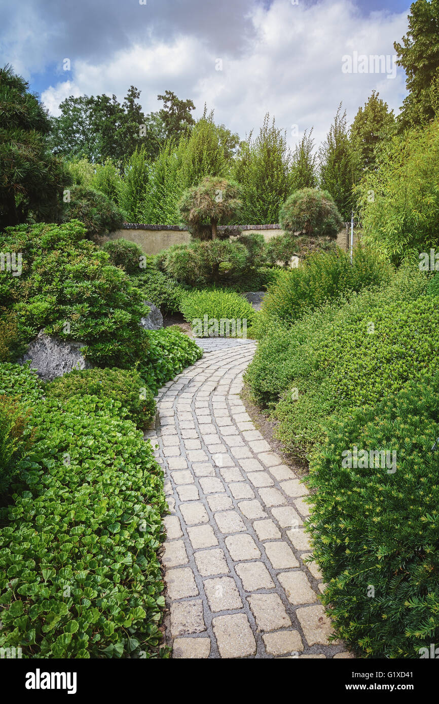 Garden path along the ornamental shrubs Stock Photo - Alamy