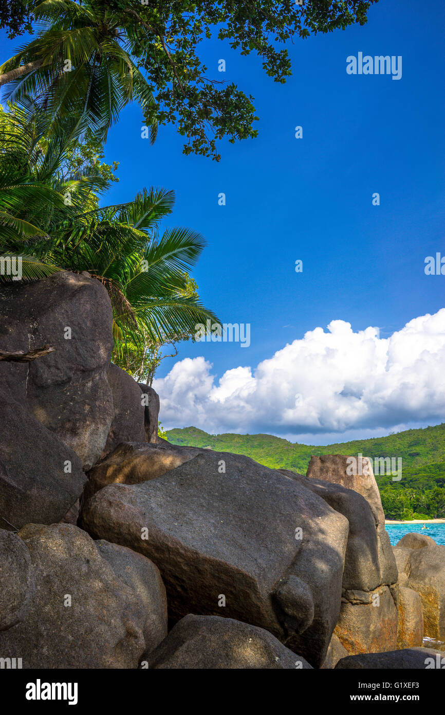 Beautiful blue sky with azure ocean and nature scenery in mahe island ...