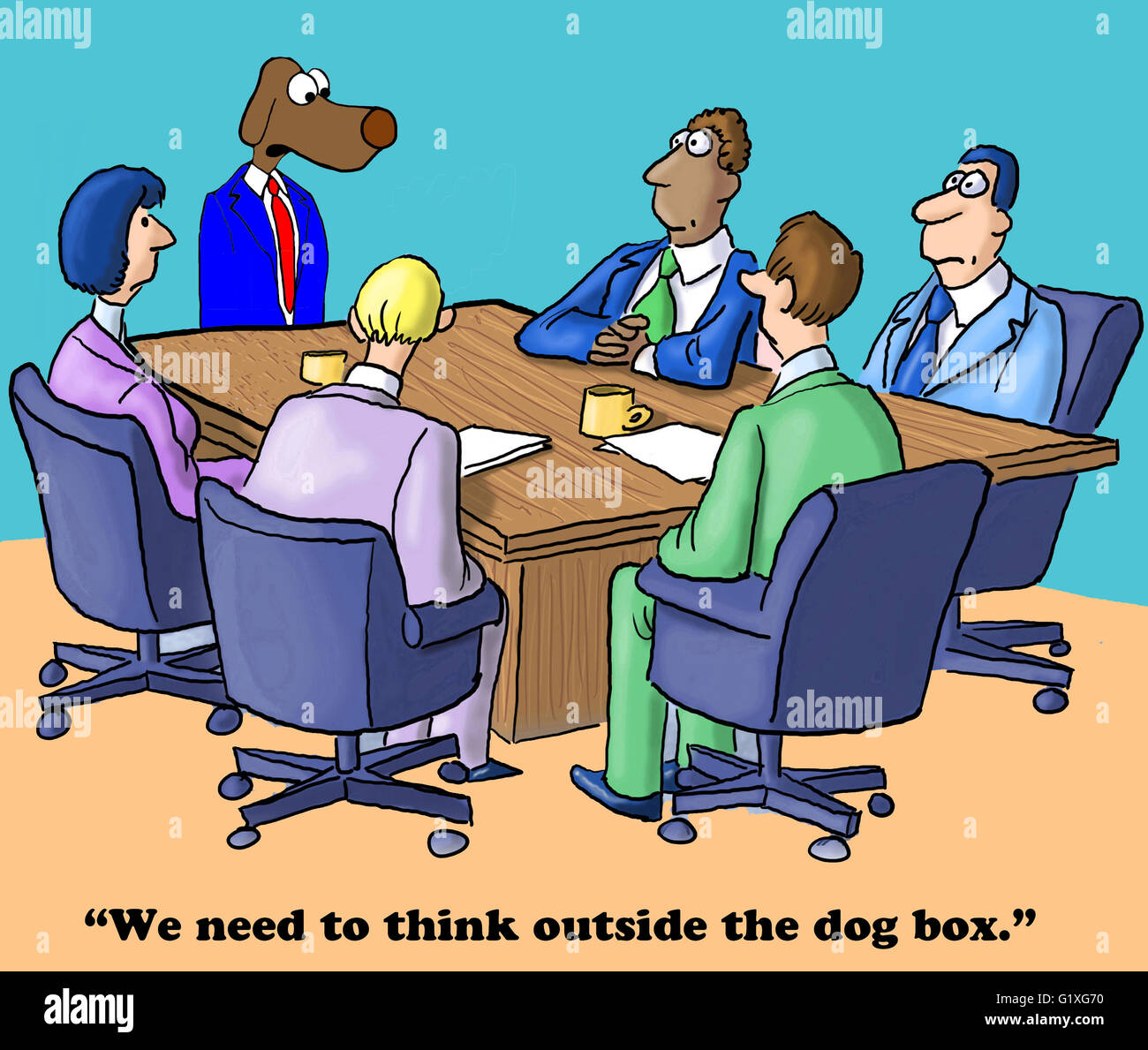 Business cartoon about thinking outside the box Stock Photo - Alamy