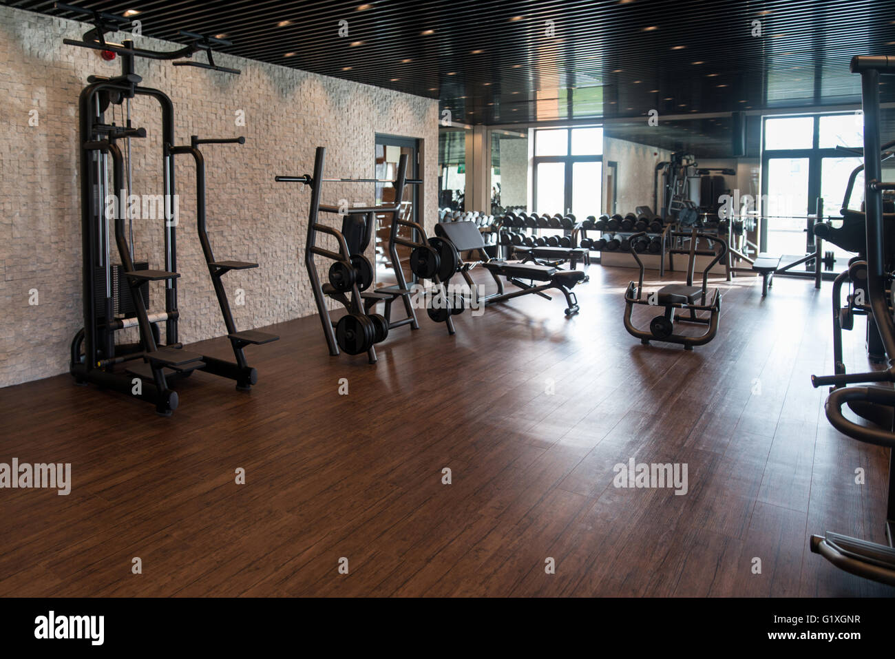 Equipment And Machines At The Modern Gym Room Fitness Center Stock ...