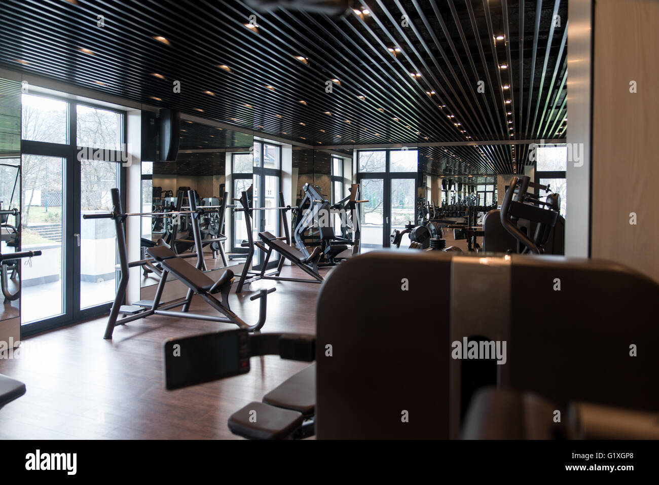 Equipment And Machines At The Modern Gym Room Fitness Center Stock ...