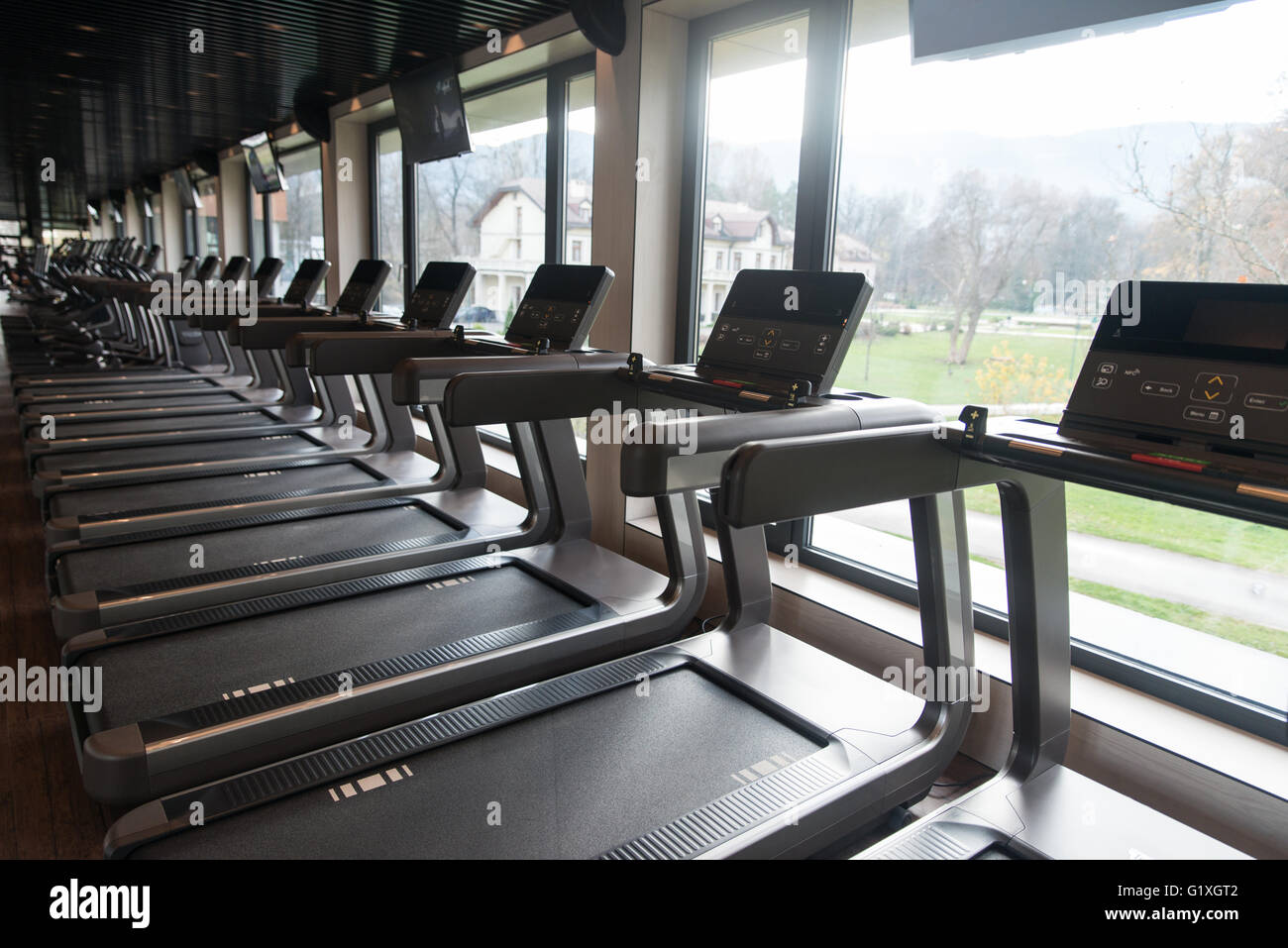 Equipment And Machines At The Modern Gym Room Fitness Center Stock ...