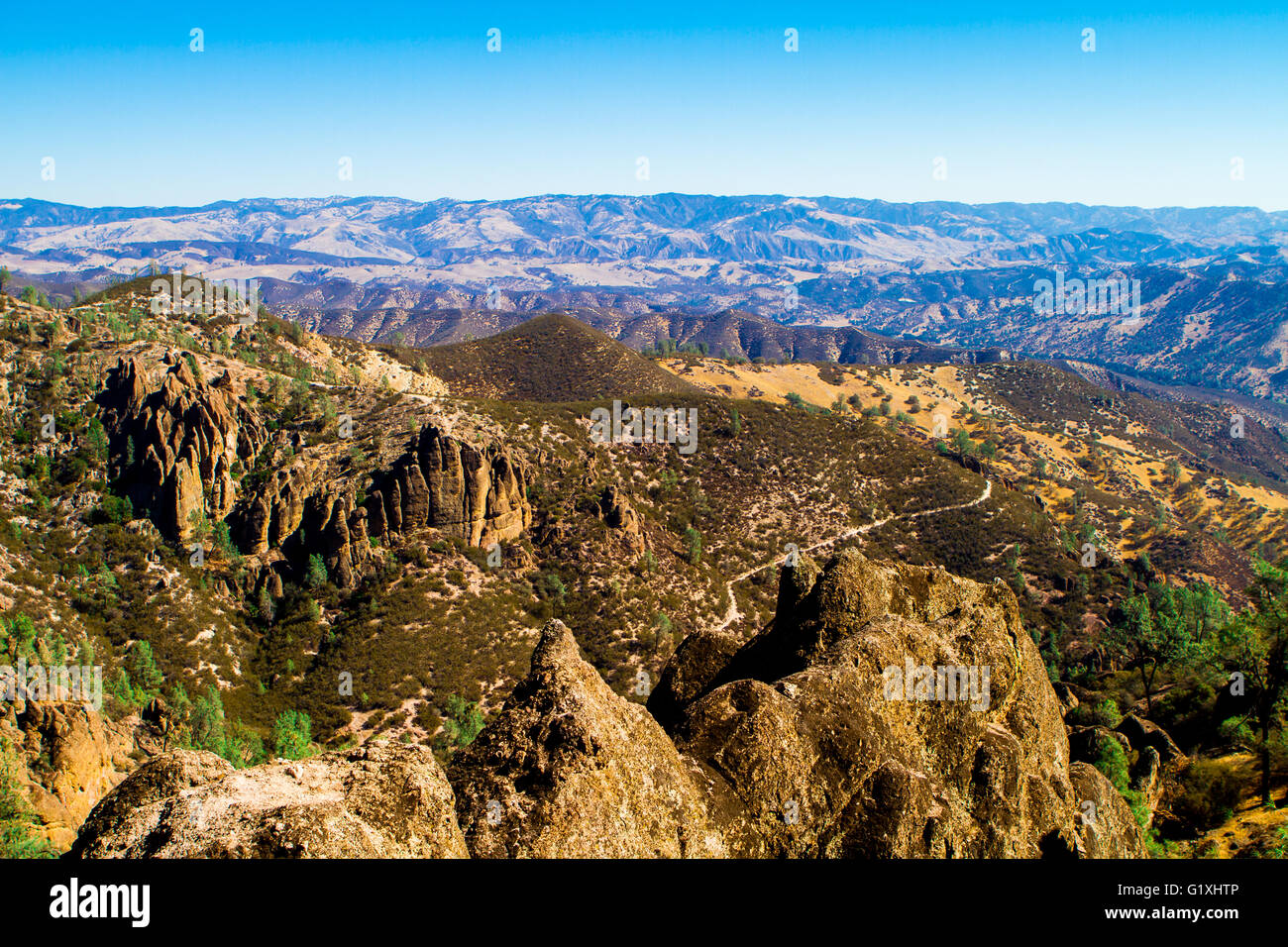 Open valley of Pinnacles National Park in California, viewed from top ...