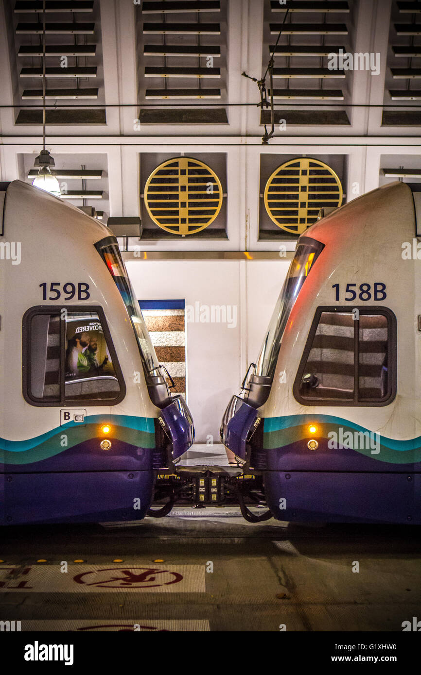 Two Sound Transit light rail vehicles touching in Pioneer Square ...