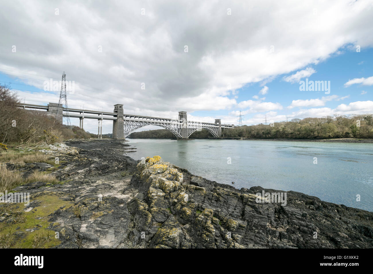 Robert Stephenson's tubular Brittania Bridge on the Menai Straits ...