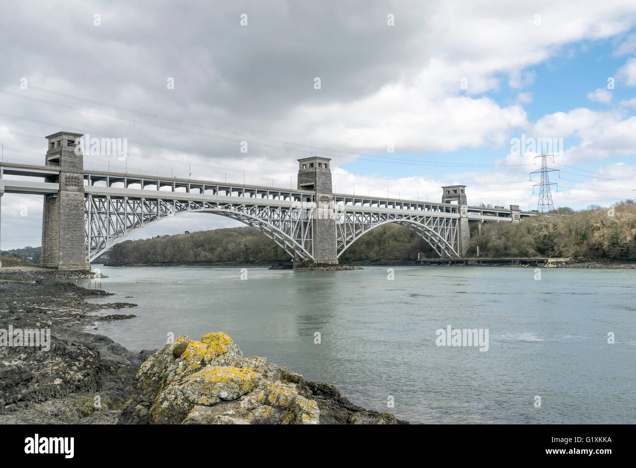 Robert Stephenson's tubular Brittania Bridge on the Menai Straits ...