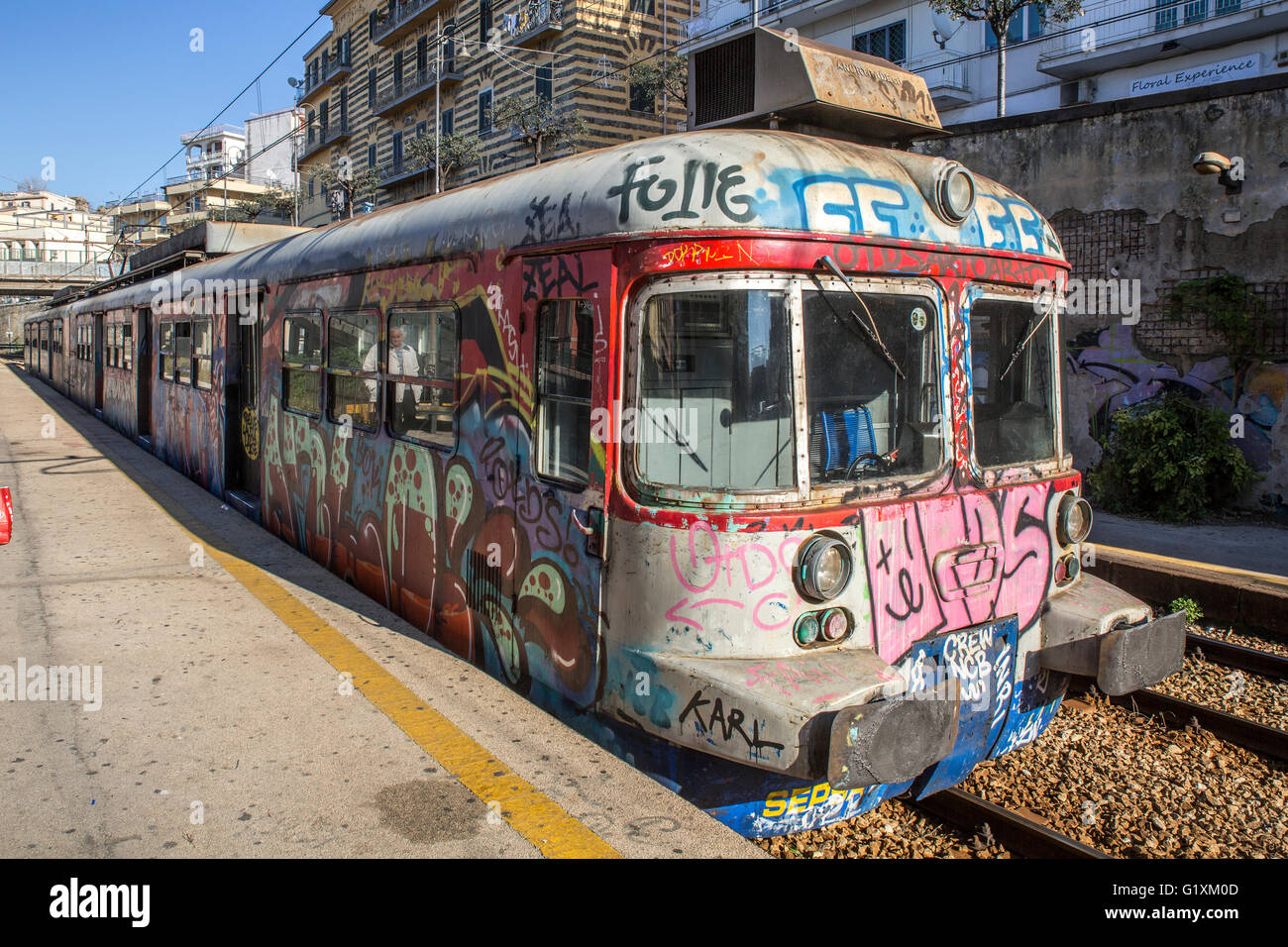 View of the railway Cumana train to Pozzuoli, Napoli, Naples, Campania ...