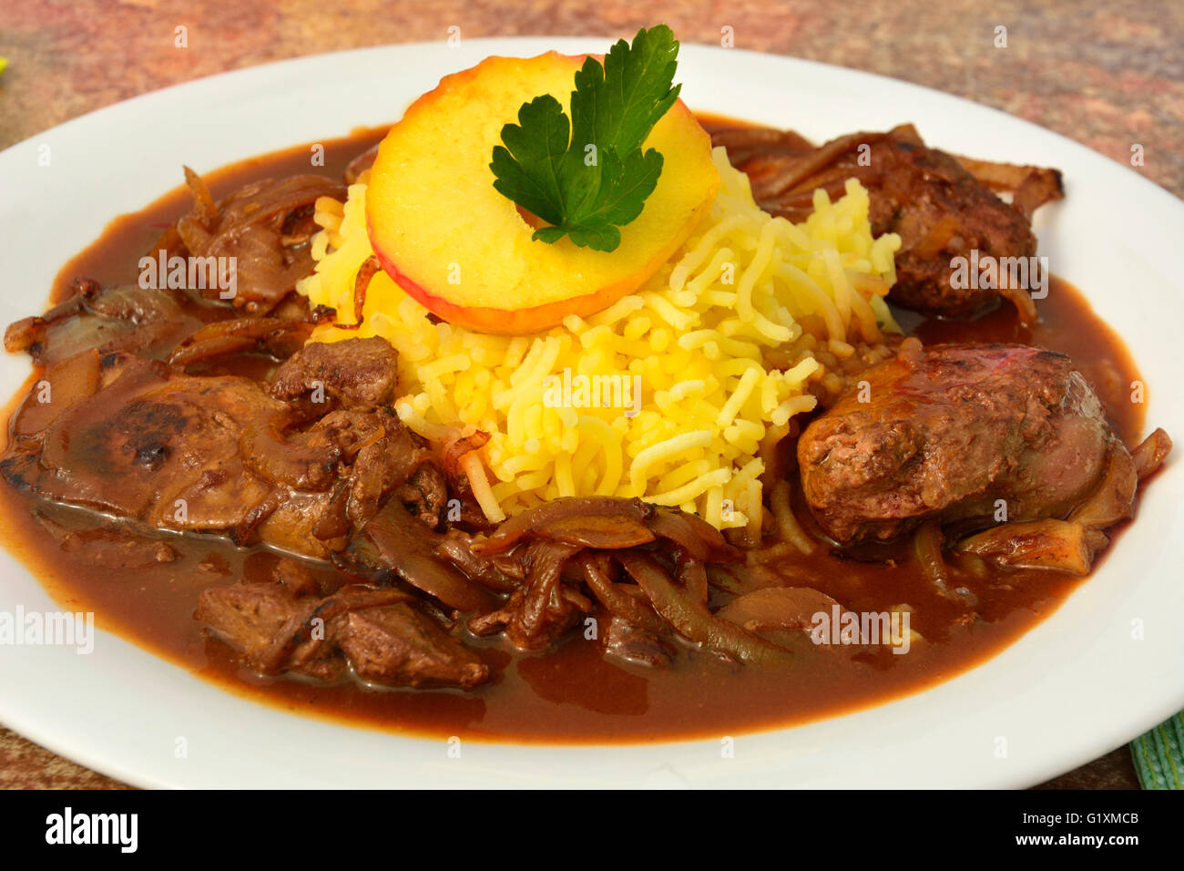 Roasted duck liver with braised onions and apple, red wine jus and ...