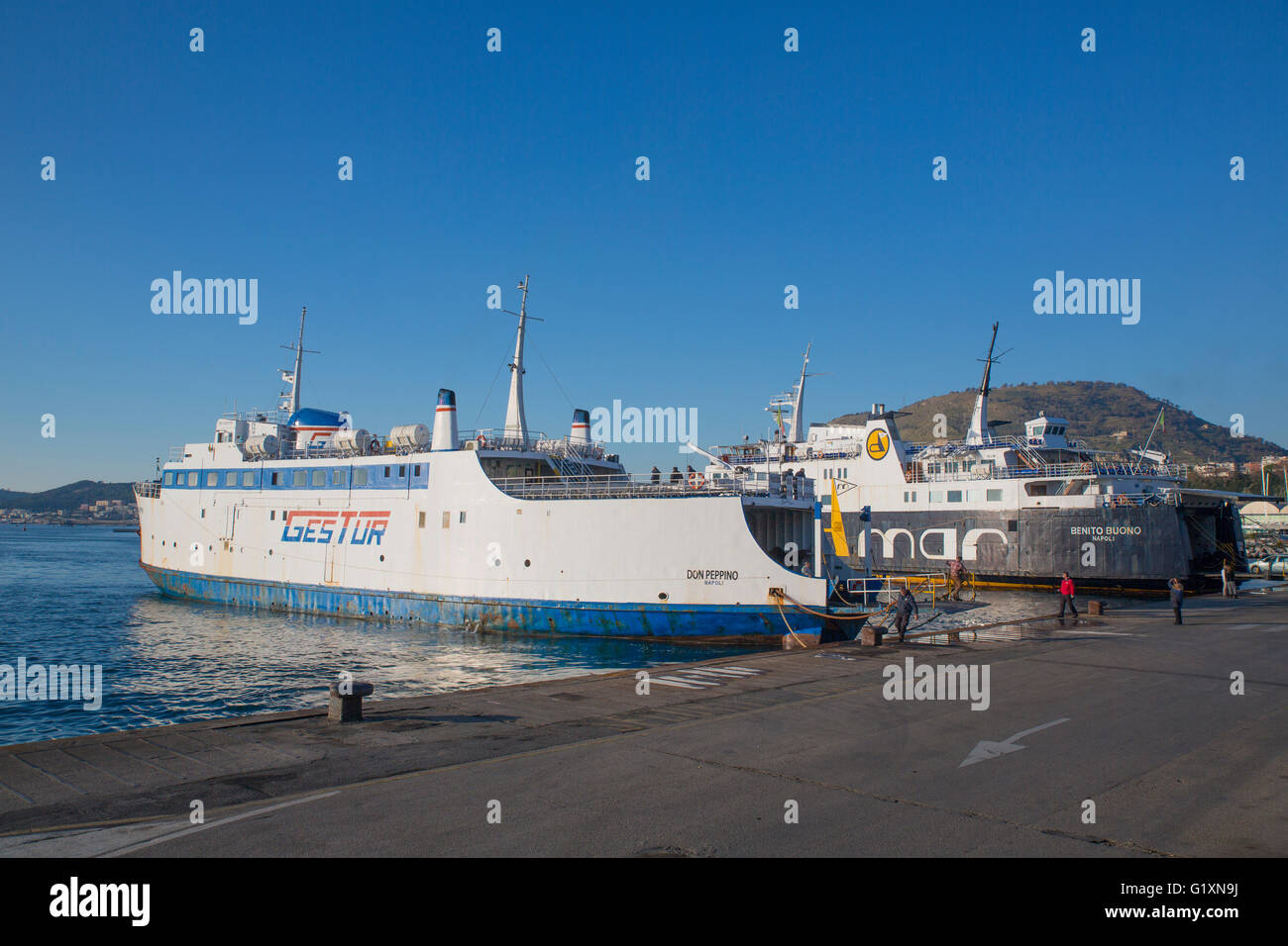 View of ferries from the harbour of Pozzuoli, Napoli, Naples, Campania ...
