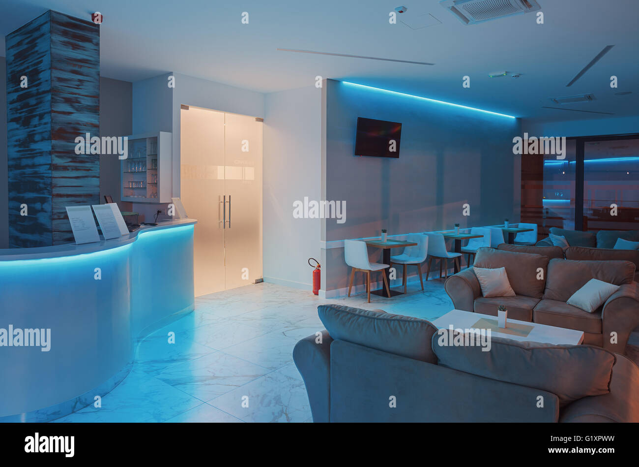 Details of a modern hotel interior, blue illumination Stock Photo - Alamy