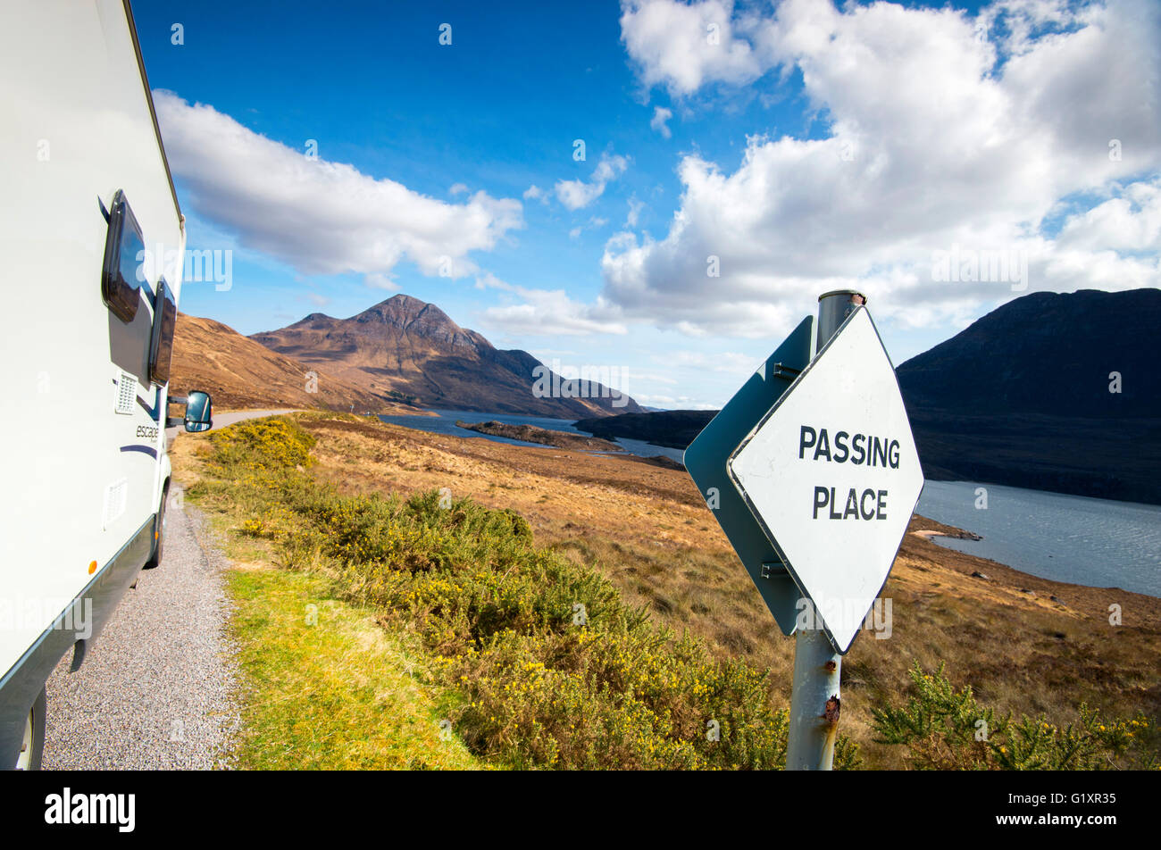 Motorhome in a passing place on a single track road by the side of Loch ...