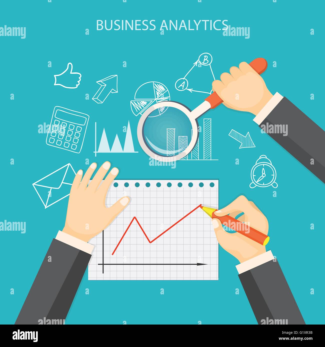 Flat vector illustration. Hands with pencil, paper of graphic, loupe ...