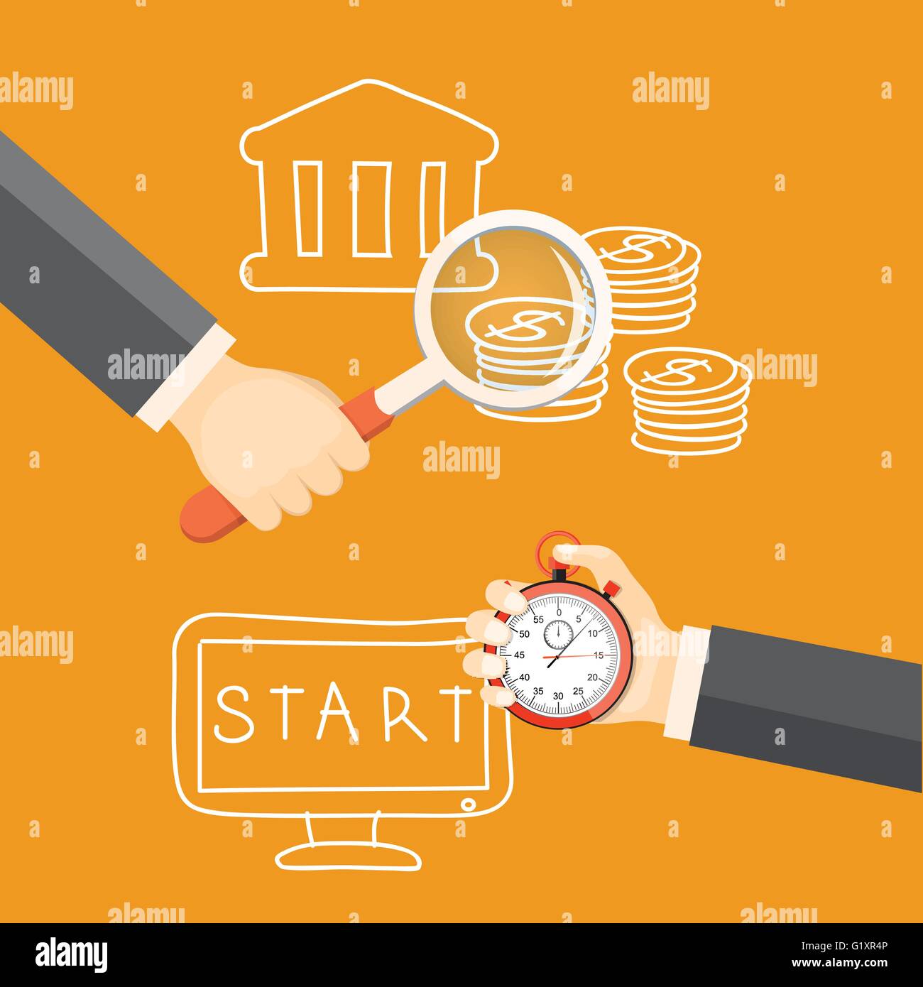 Flat vector illustration. Hand with loupe, stopwatch and hand drawn ...