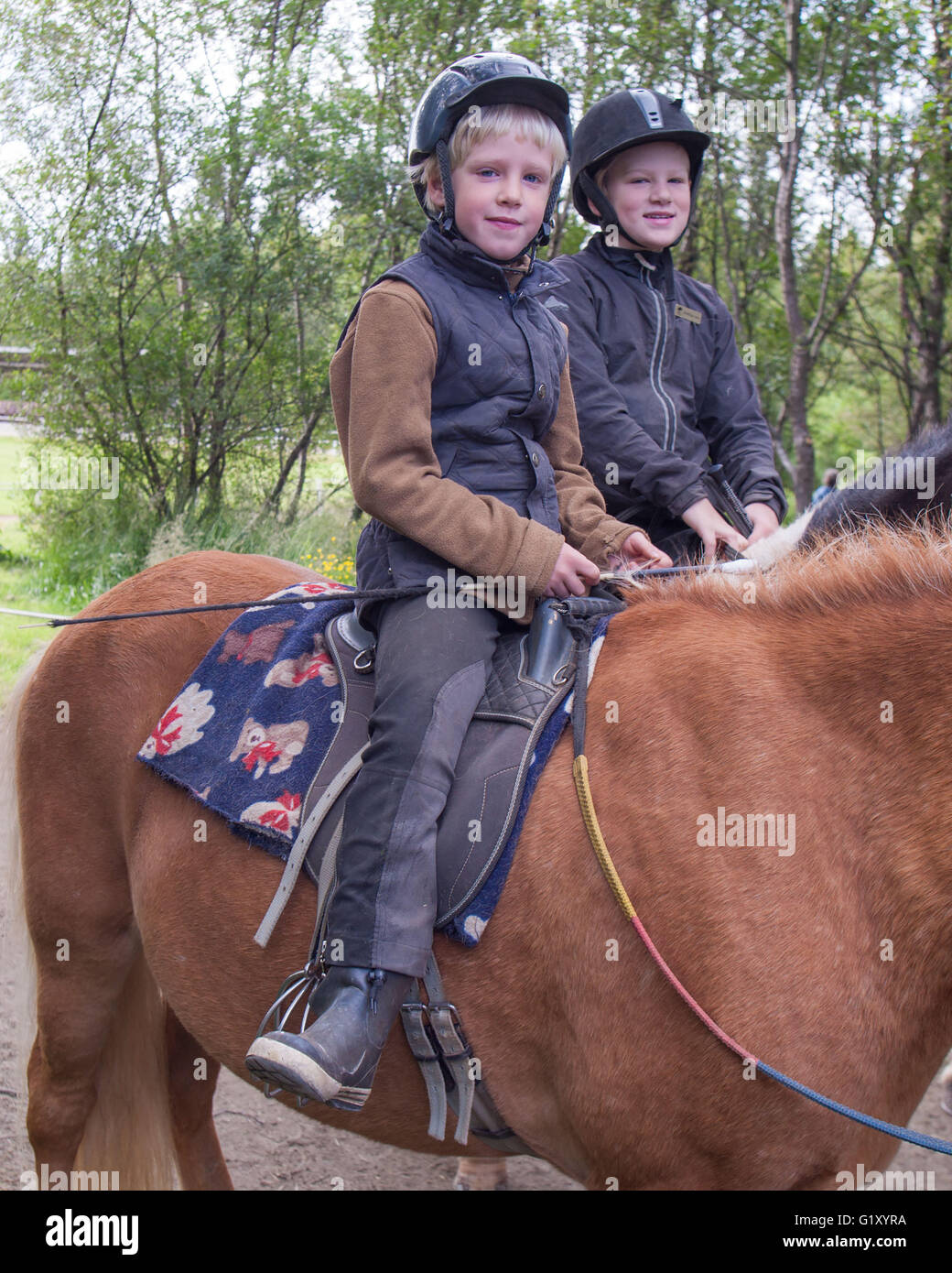 Selfoss, South Iceland, Iceland. 4th Aug, 2015. Two young siblings atop ...
