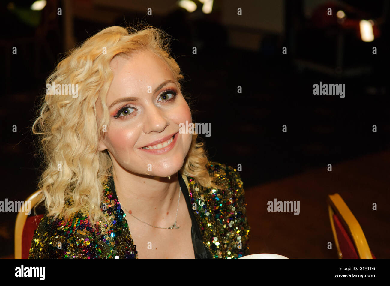 Birkenhead, UK. 20th May 2016. Singer, Philippa Hanna, backstage before ...