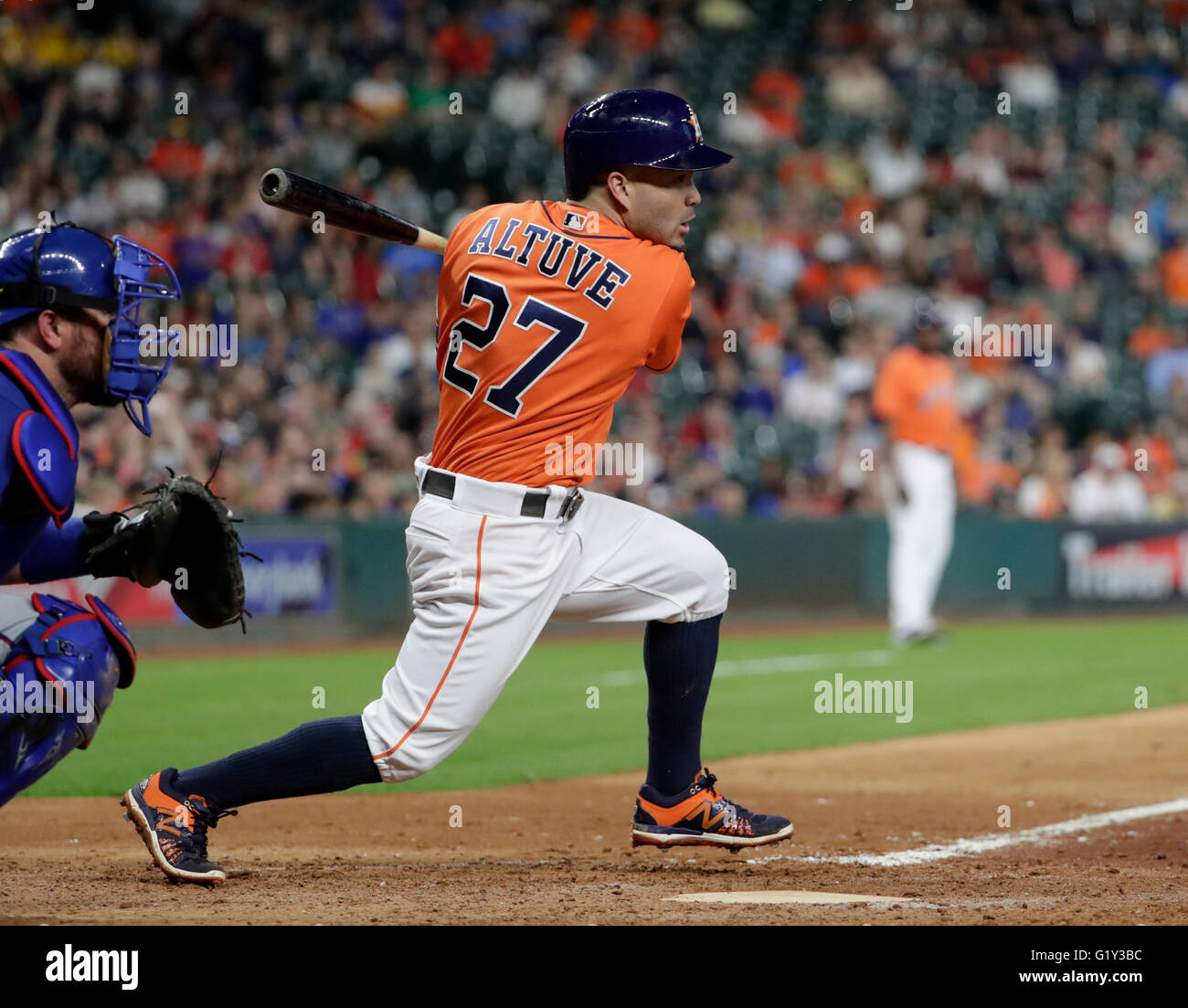 Houston, TX, USA. 20th May, 2016. Houston Astros second baseman Jose Altuve (27) doubles during ...