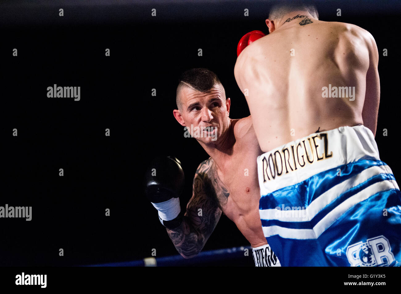 Gijon, Spain. 21st May, 2016. Pablo Fuego hits Ruben Dominguez during ...