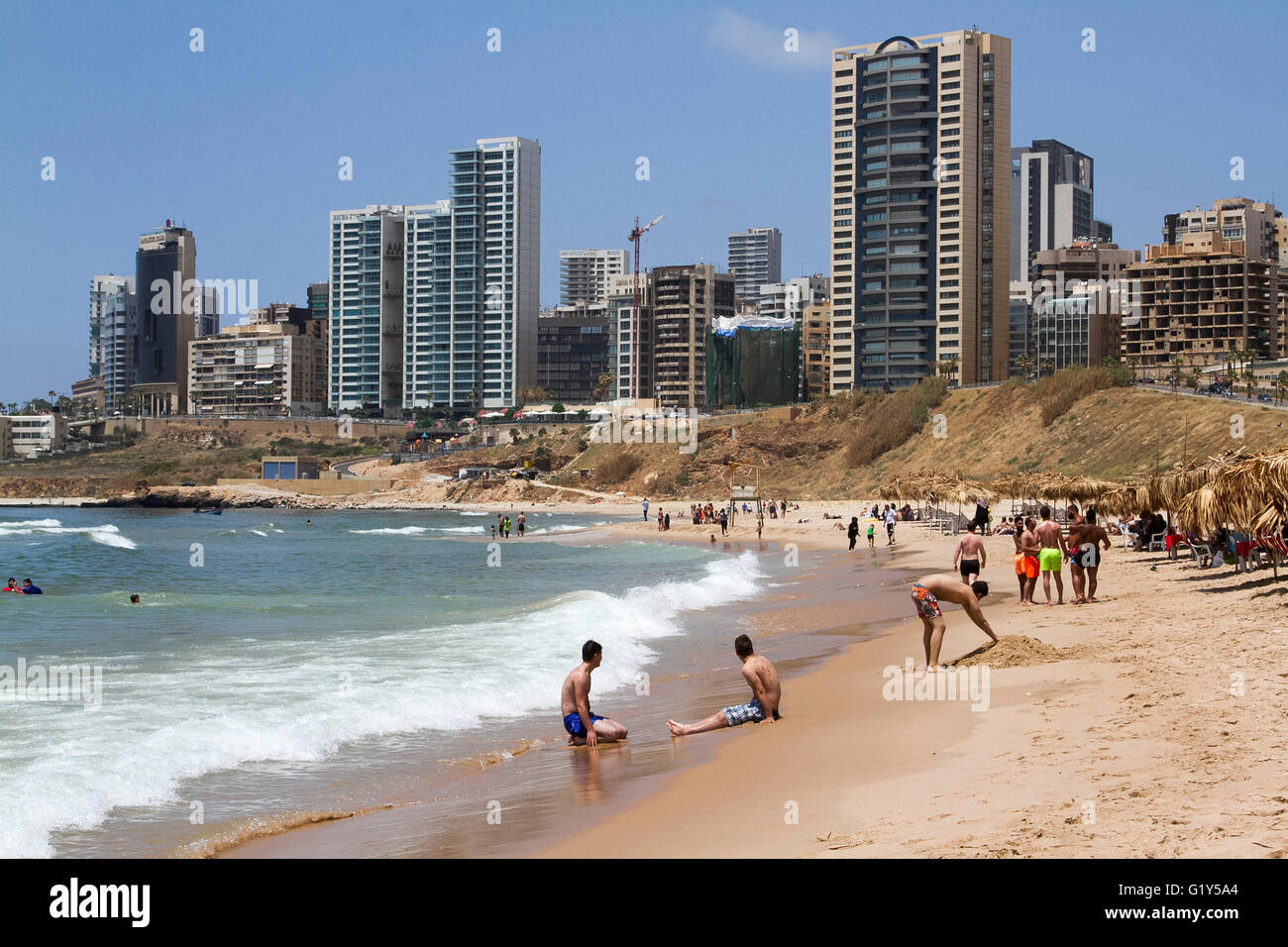 Beirut, Lebanon. 21st May, 2016. Beachgoers cool off at the beach on a ...