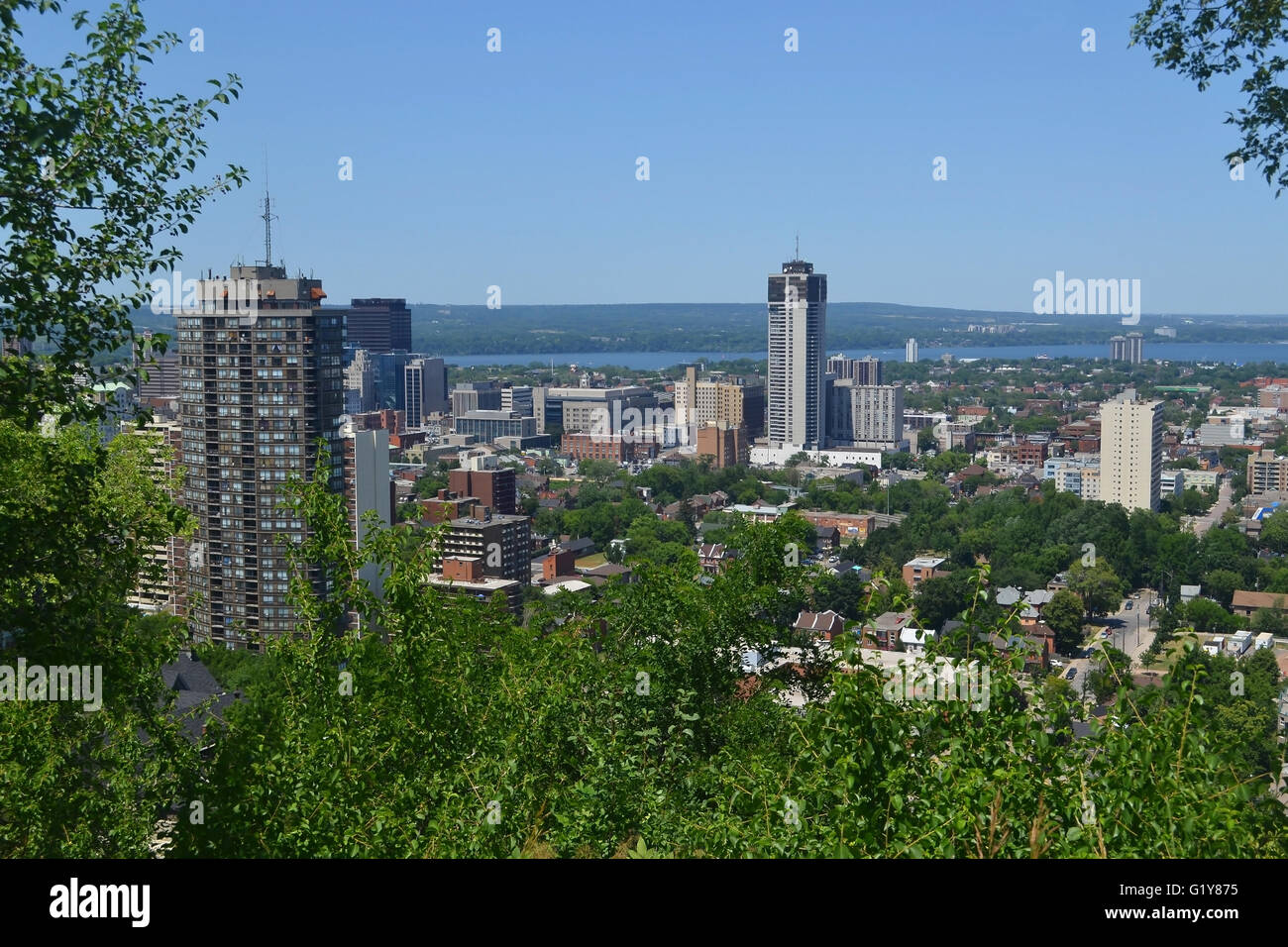 The view of downtown Hamilton with some high rises and a park in the ...