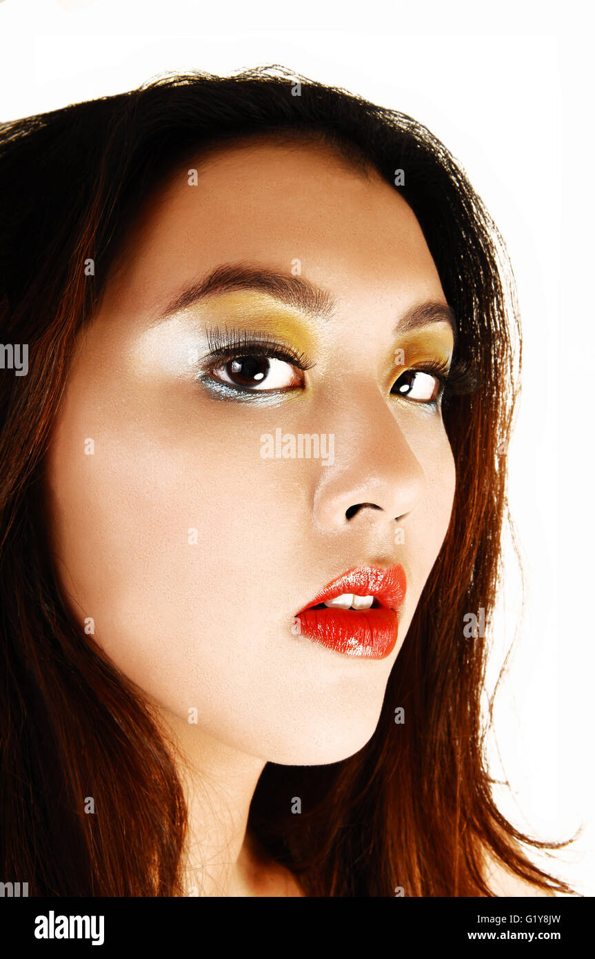 A closeup portrait of a gorgeous chinese woman with great make up, red ...