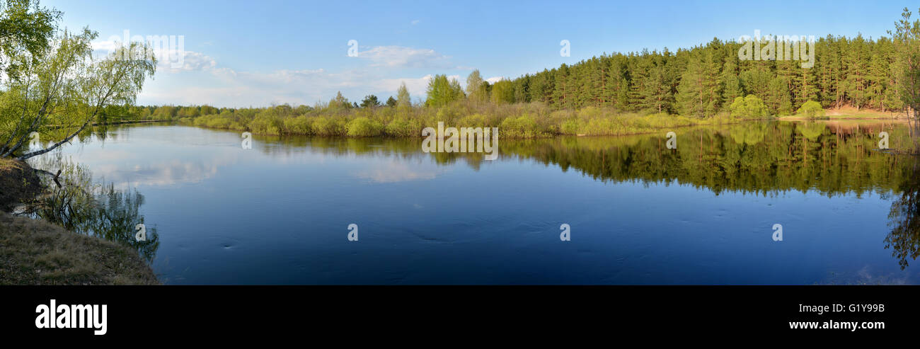 Panorama of the spring river. Spring on the river in the national Park ...