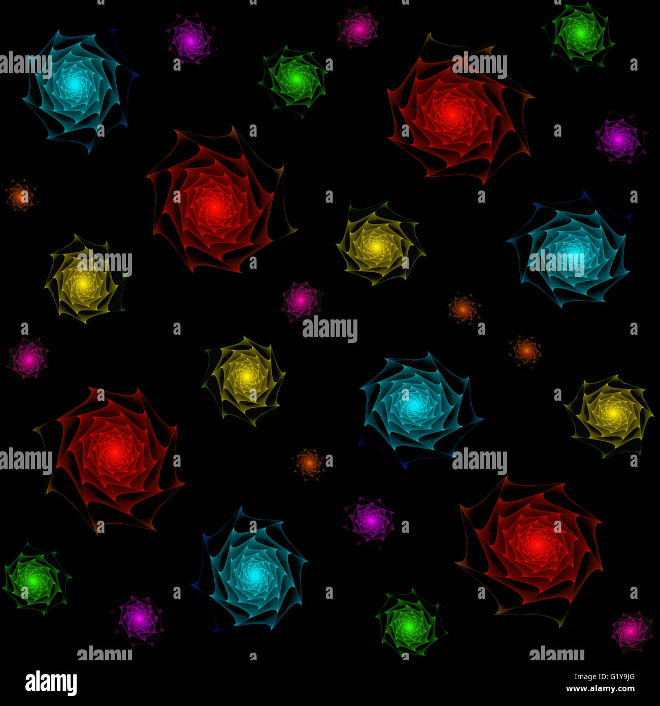 Fractal roses with spiky petals, a seamless pattern on black background ...