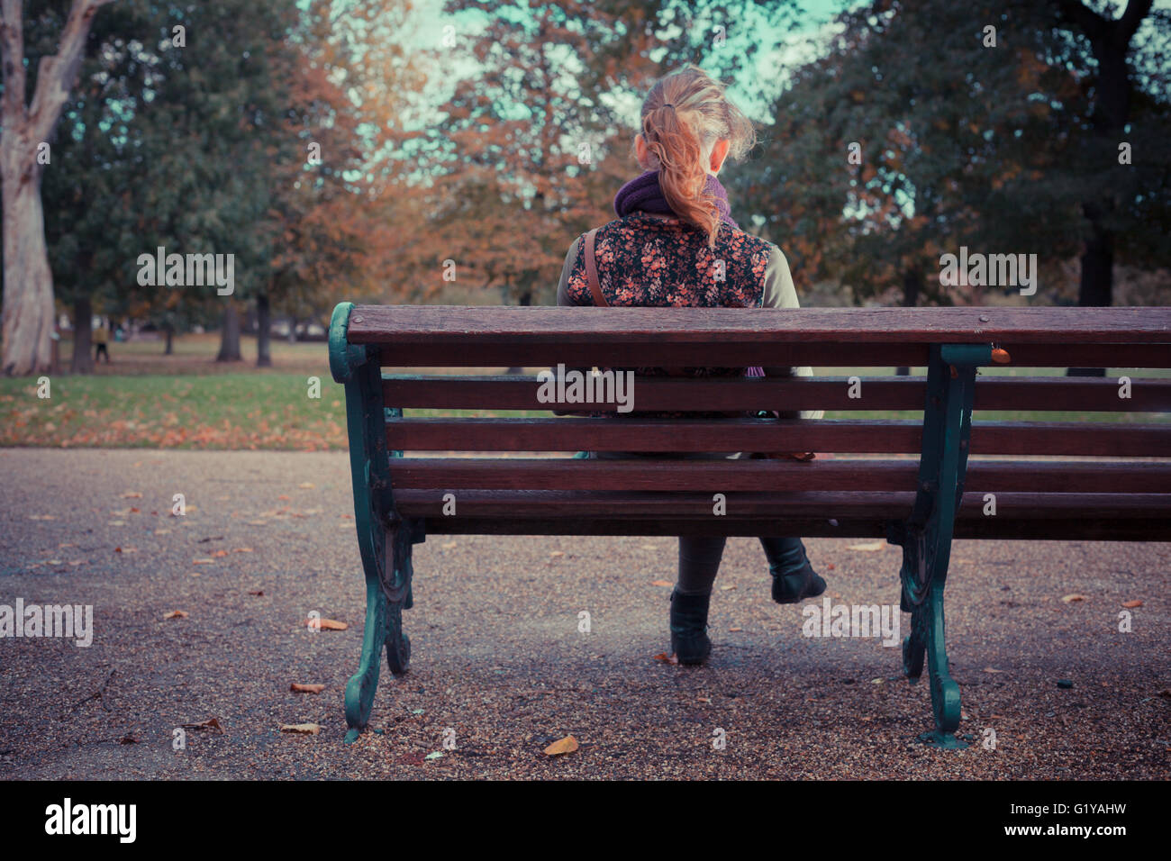 Rear view of a young woman sitting on a park bench in autumn Stock ...