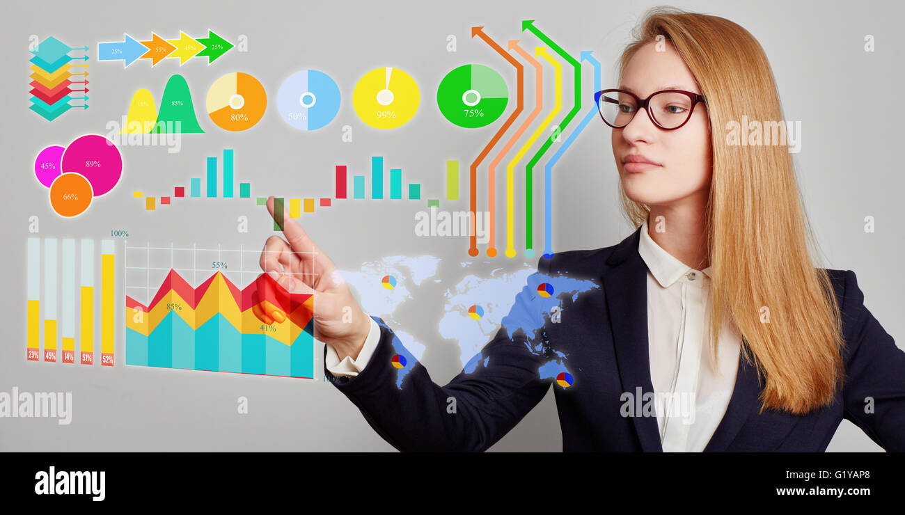 Businesswoman looks at a finance analysis with infographics on a ...