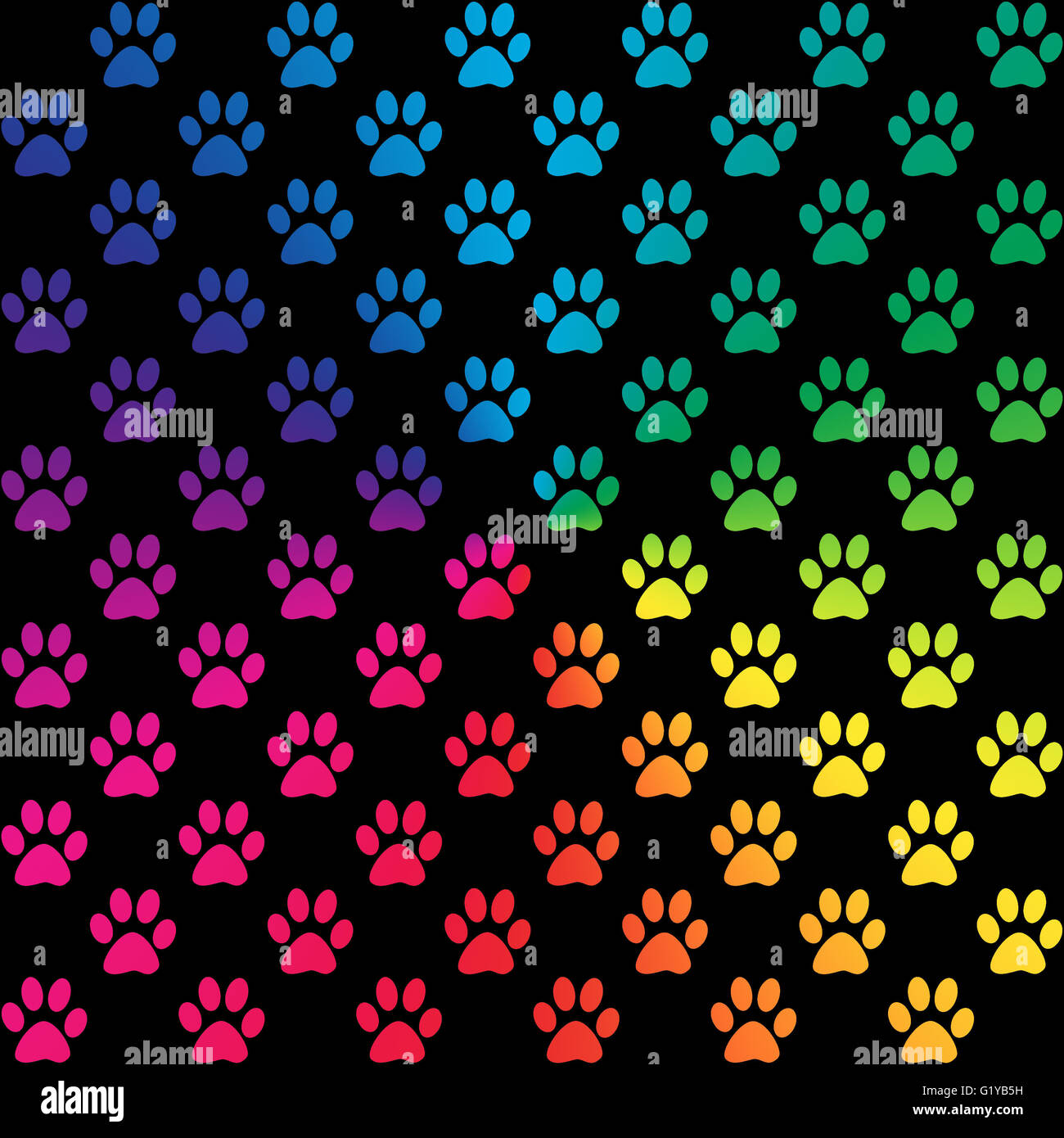 Paw prints in gradient rainbow colors, on black background Stock Photo ...