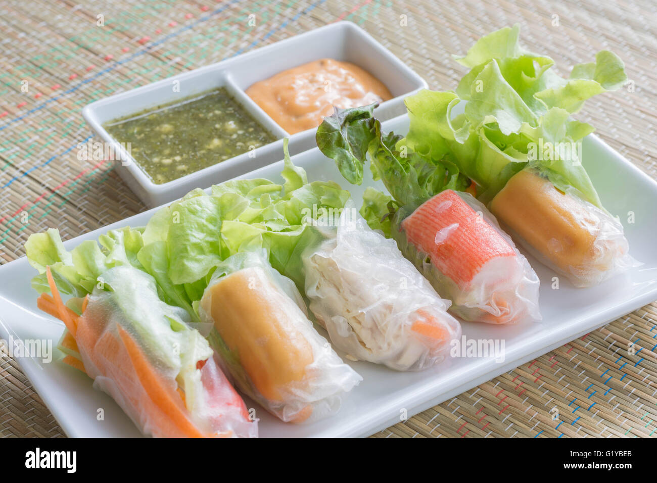 Fresh vegetable noodle spring roll with spicy sauce, diet food Stock ...