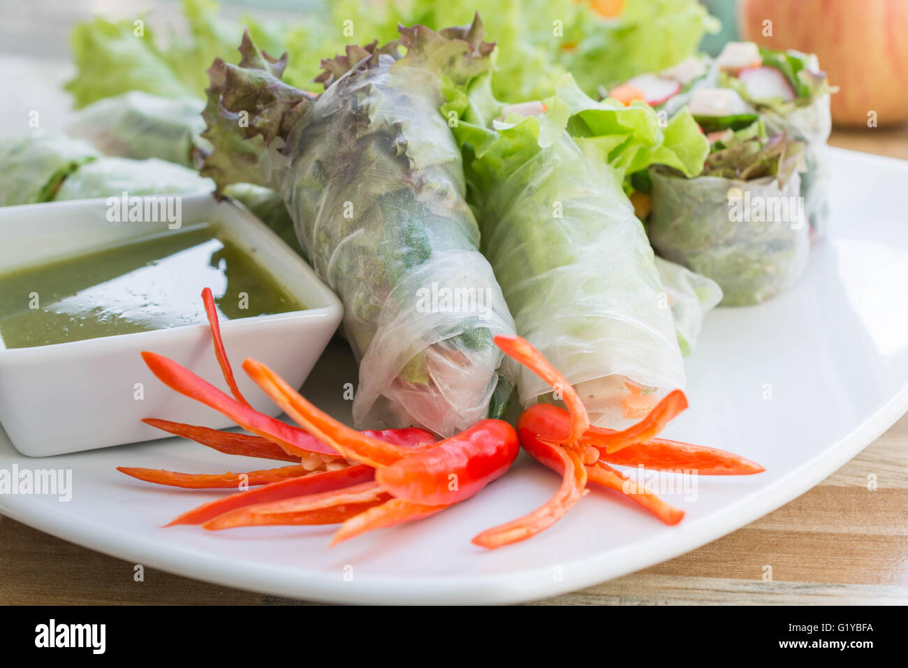 Fresh vegetable noodle spring roll with spicy sauce , diet food Stock ...