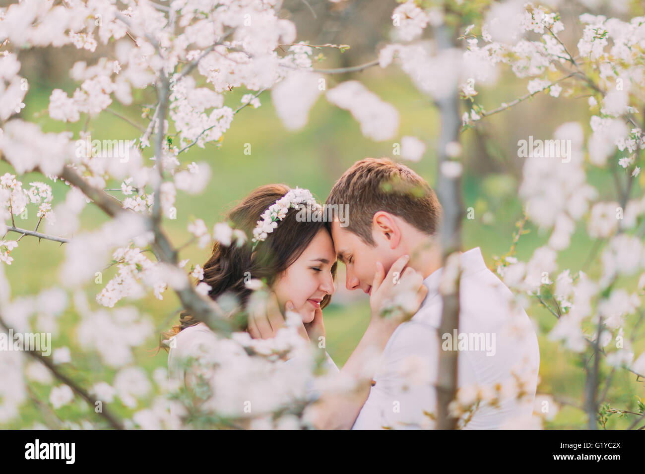 Love and tenderness. Beautiful young loving couple embracing in blossom ...