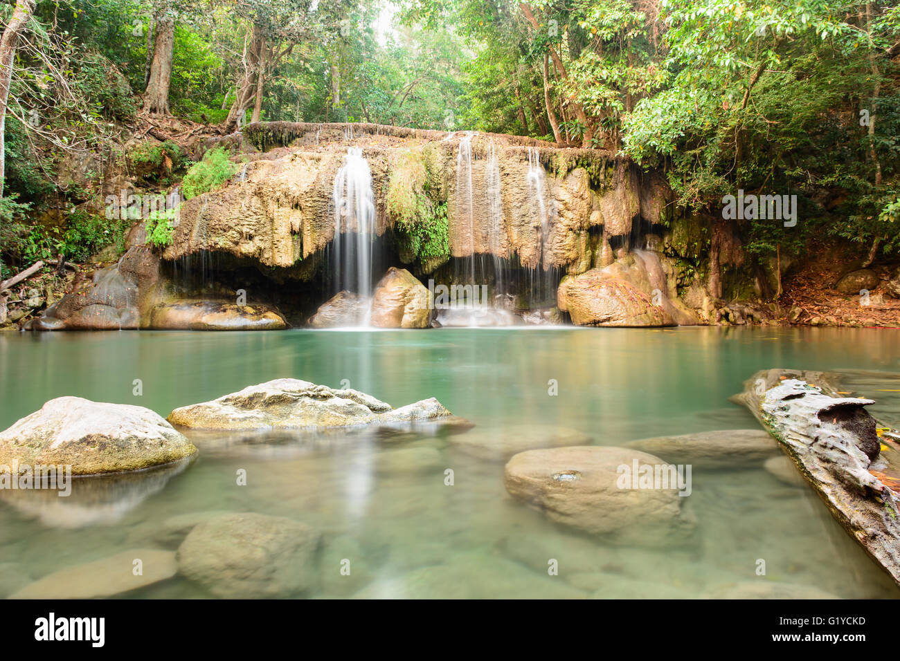 Erawan waterfall in morning in dry season at Erawan national park in ...