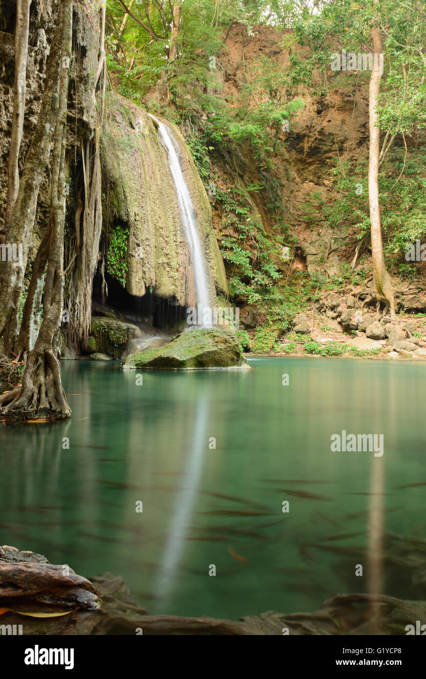 Erawan waterfall in morning in dry season at Erawan national park in ...