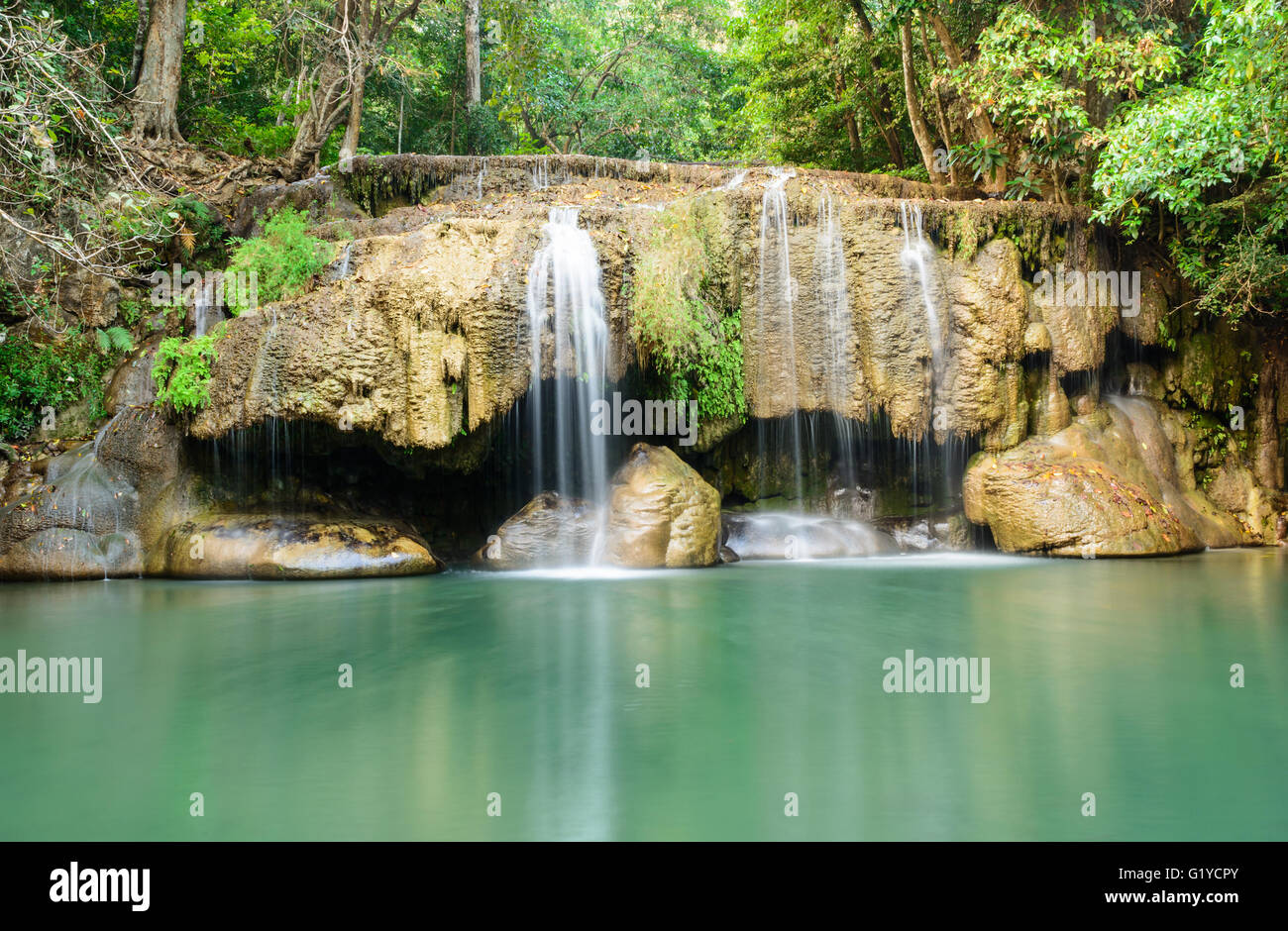 Erawan waterfall in morning in dry season at Erawan national park in ...