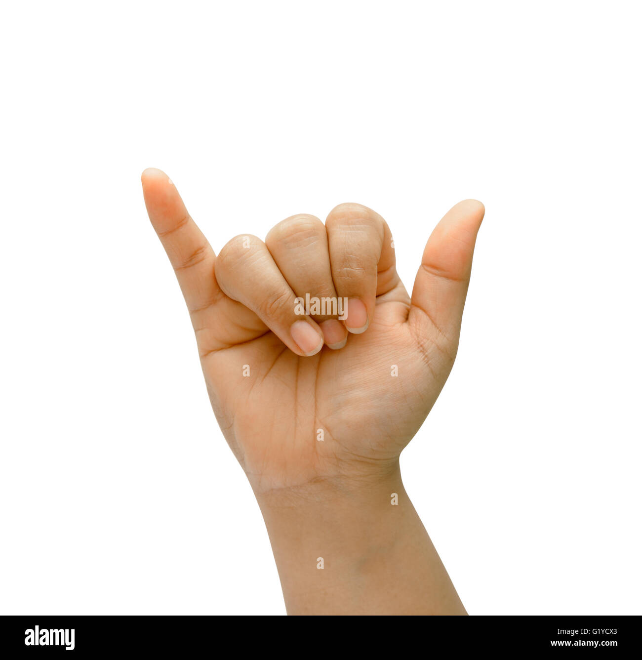 Hand woman showing shaka sign hi-res stock photography and images - Alamy