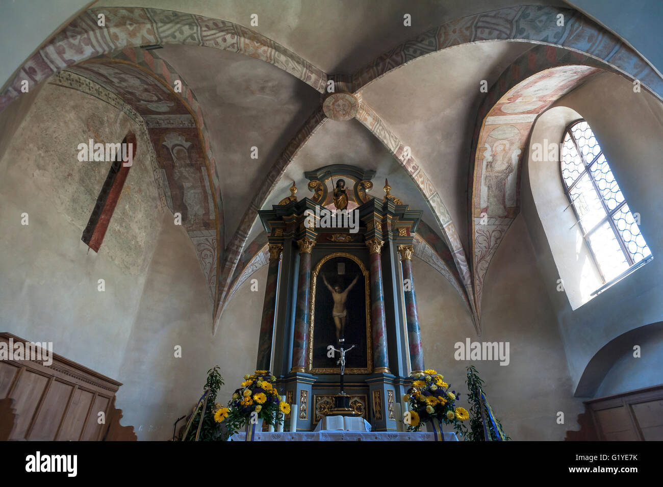 Chancel of St. Jacobus Church, high altar from 1747, frescoes in 1200 ...