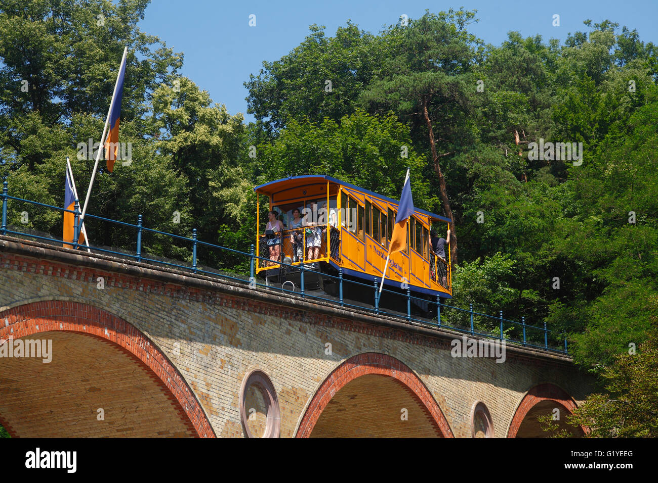 Waggon of Nerobergbahn drives over arch bridge, funicular ...