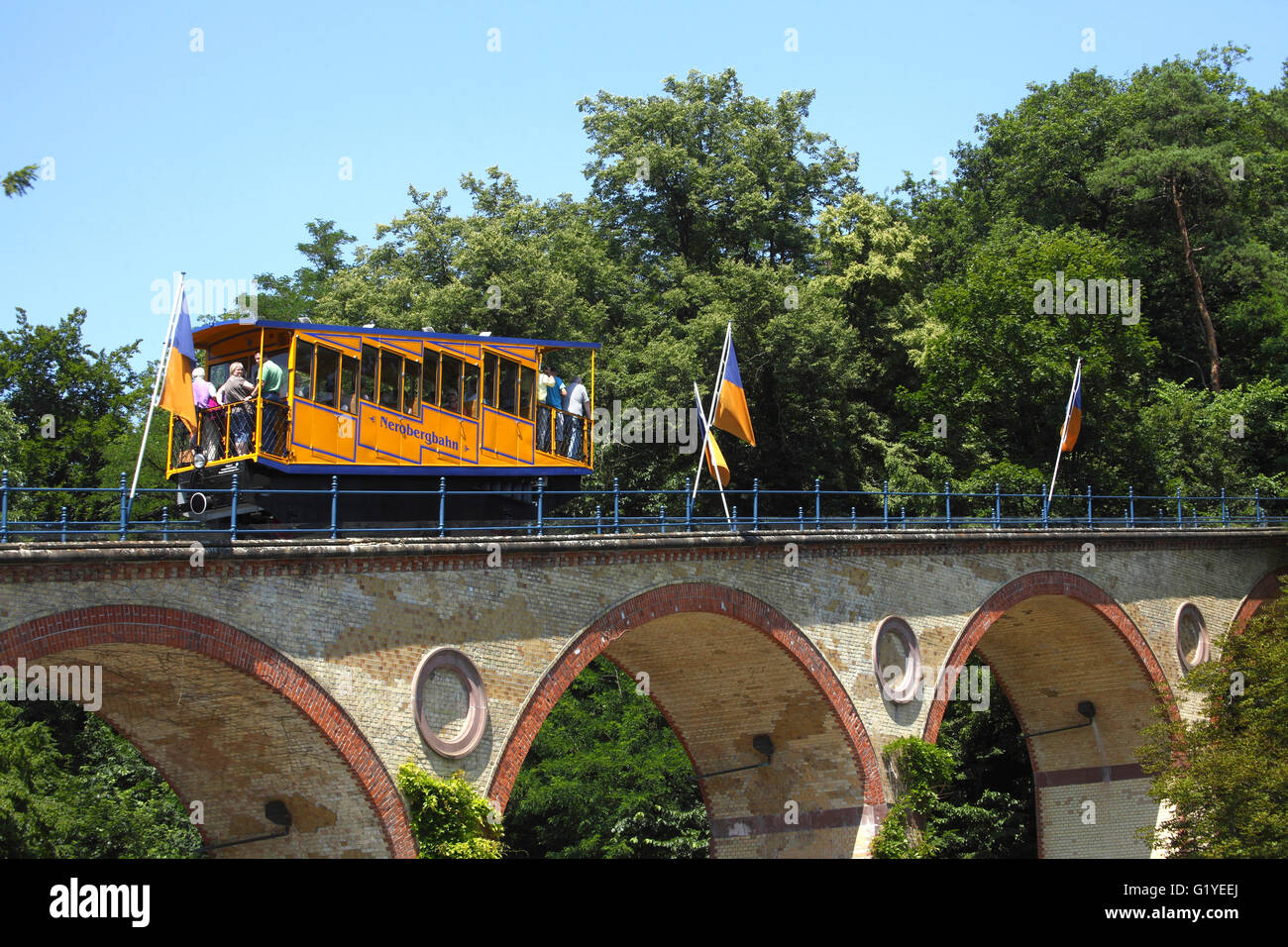 Waggon of Nerobergbahn drives over arch bridge, funicular ...