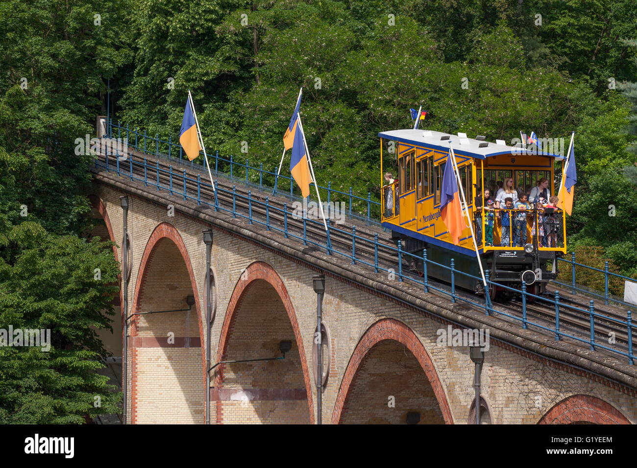 Waggon of Nerobergbahn drives over arch bridge, funicular ...