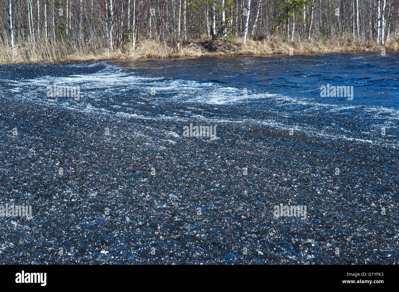Russian Spring landscape with flooded.icy slush on the water of the ...