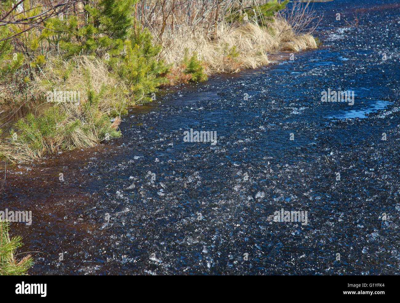 Russian Spring landscape with flooded.icy slush on the water of the ...