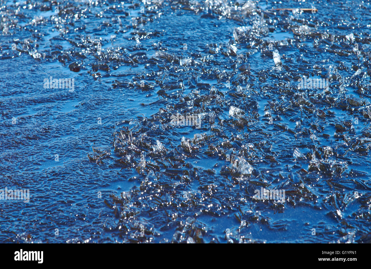 Russian Spring landscape with flooded.icy slush on the water of the ...