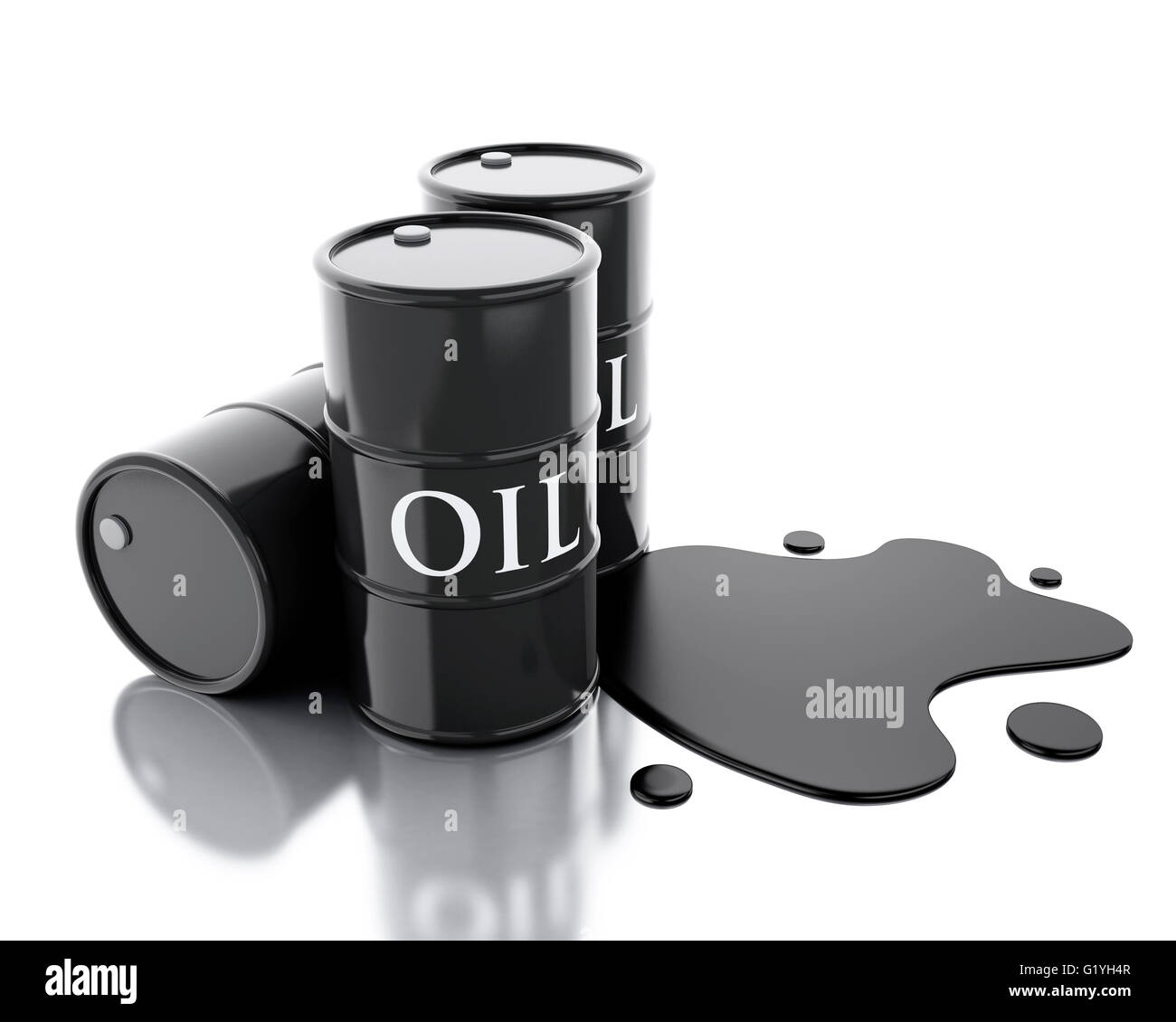 3d renderer image. Three barrels of oil spilled. Isolated white ...