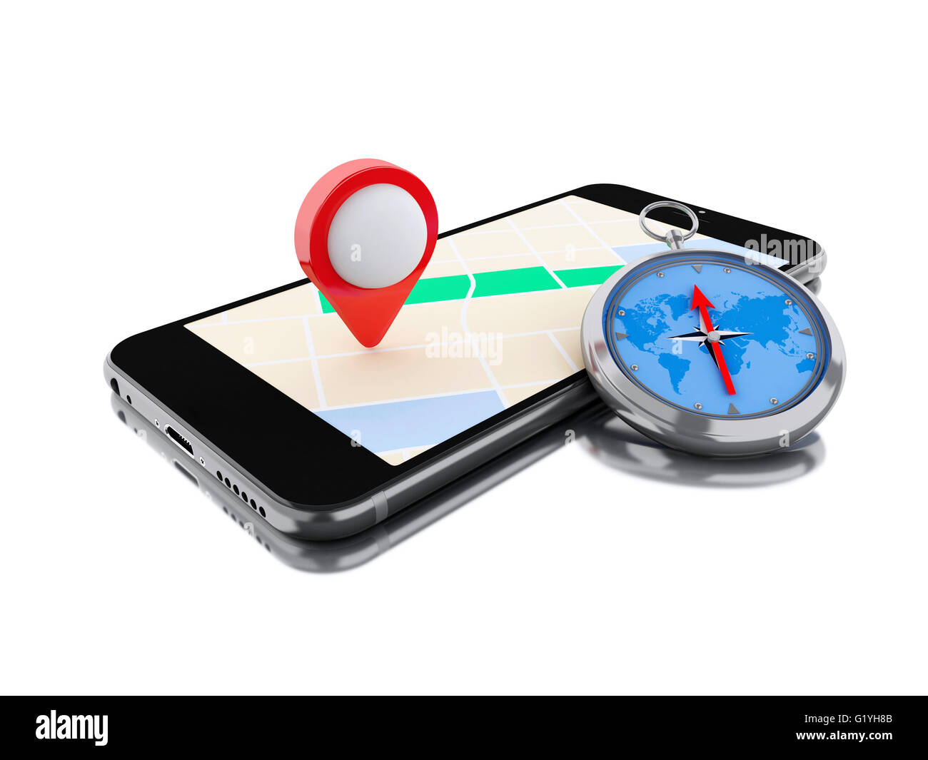 3d renderer image. Smartphone with a map, red pointer and a compass ...