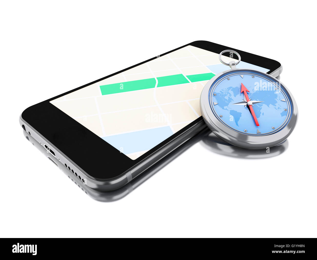 3d renderer image. Smartphone with a map and a compass. Navigation ...