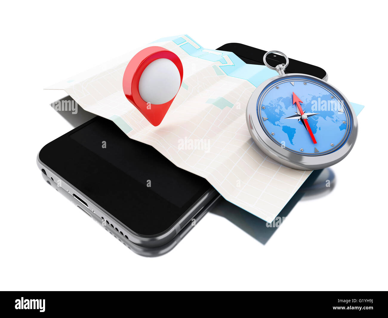 3d renderer image. Smartphone with a map, red pointer and a compass ...